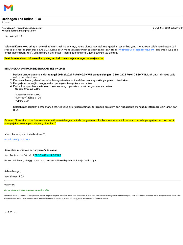 Undangan Tes Online Program Beasiswa BCA | PDF