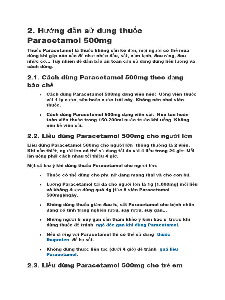 2. H ngdns dngthuc ướ ẫ ử ụ ố Paracetamol 500mg: 2.1. Cách dùng Paracetamol 500mg theo d ng ạ ...