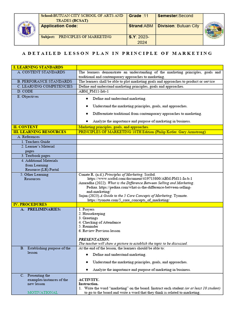 A Detailed Lesson Plan in Principle of Marketing | PDF | Marketing | Brainstorming