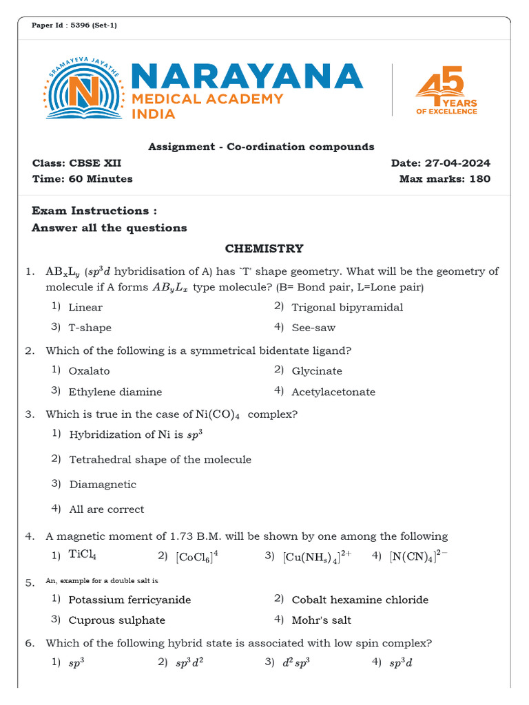 Assignment - Co-Ordination Compounds (5396) - QP | PDF | Coordination ...