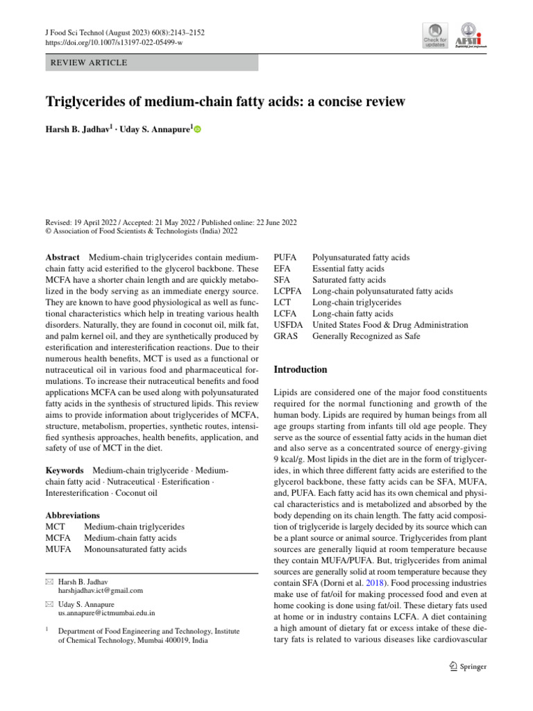 2023 Triglycerides of Medium‐Chain Fatty Acids: A Concise Review | PDF | Fat | Fatty Acid