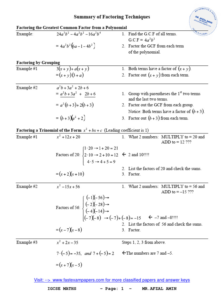IGCSE MATH Factorization Techniques Summary | PDF | Factorization | Elementary Mathematics