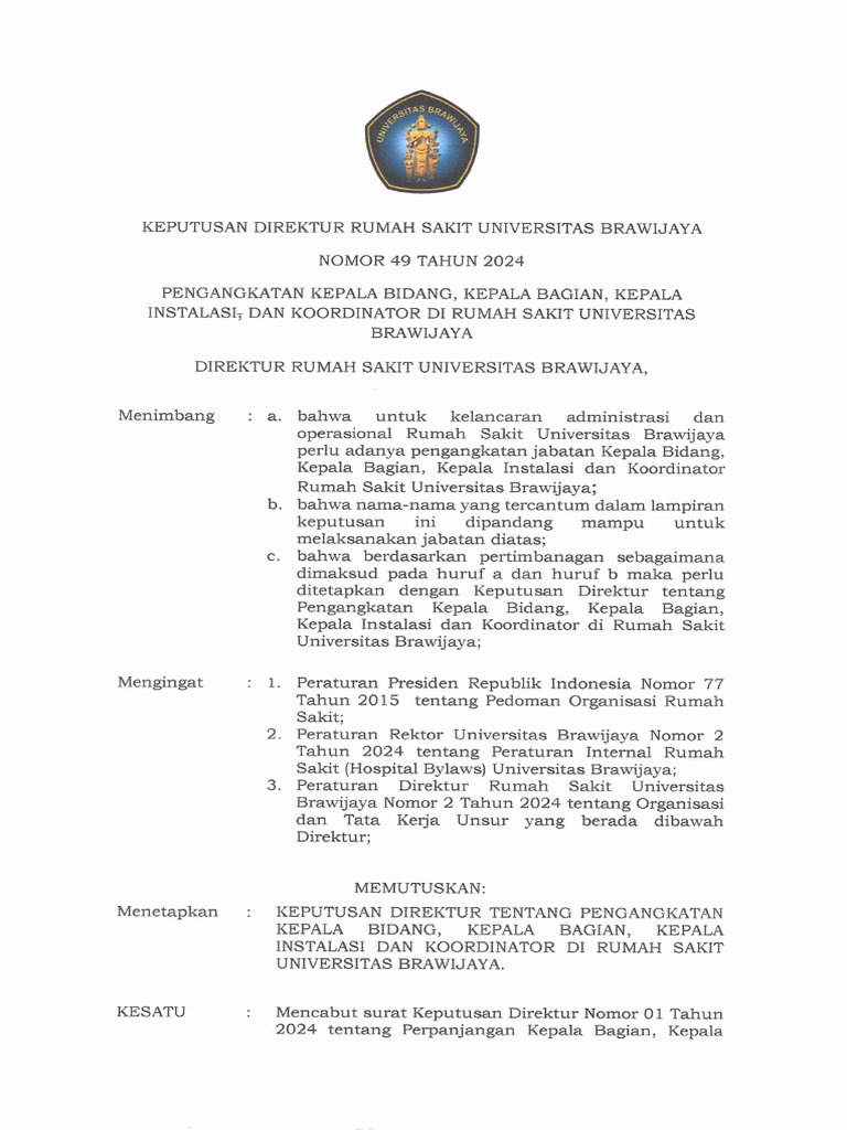 SK No 49 Tahun 2024 Pengangkatan Kabid, Kabag, Kains, Dan Koordinator | PDF