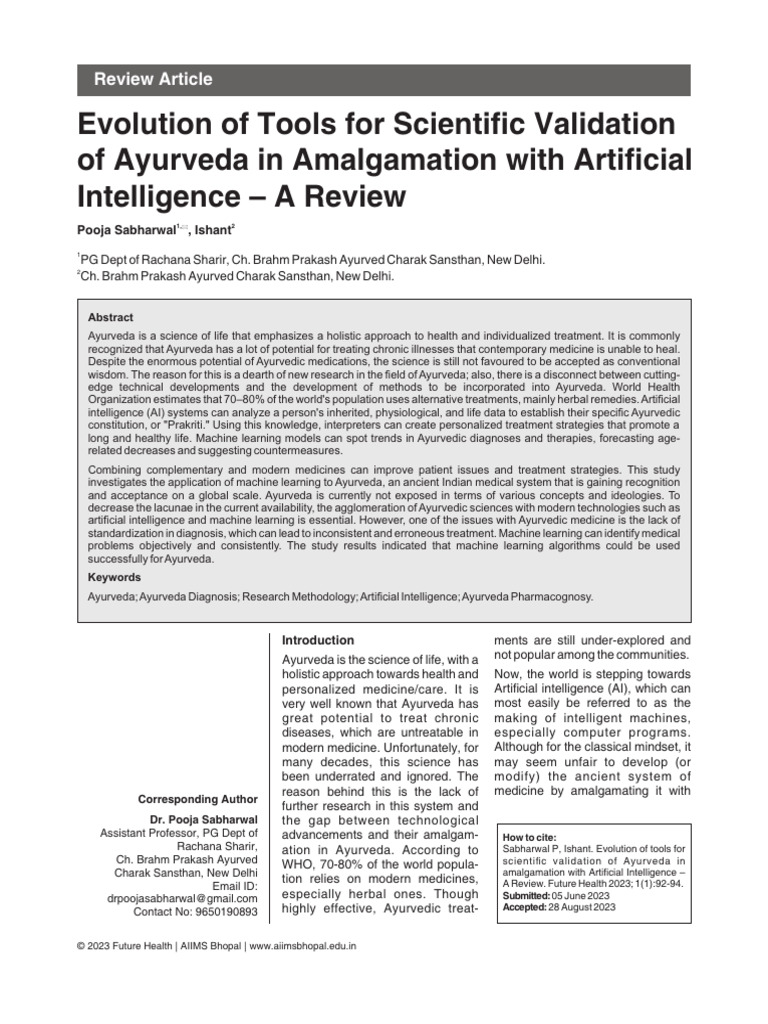Evolution of Tools For Scientific Validation of Ayurveda in Amalgamation With Artificial ...