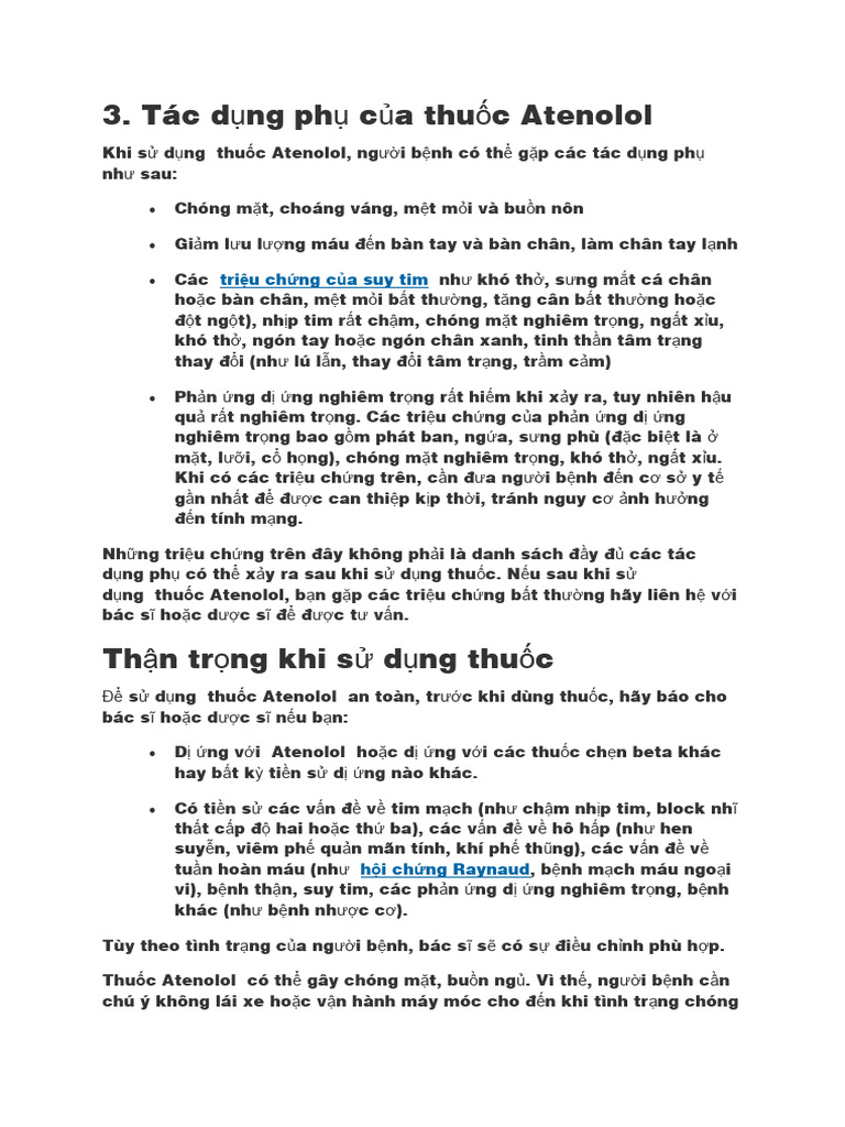 3. Tác d ng ph c a thu c Atenolol ụ ụ ủ ố: triuchngcasuytim | PDF