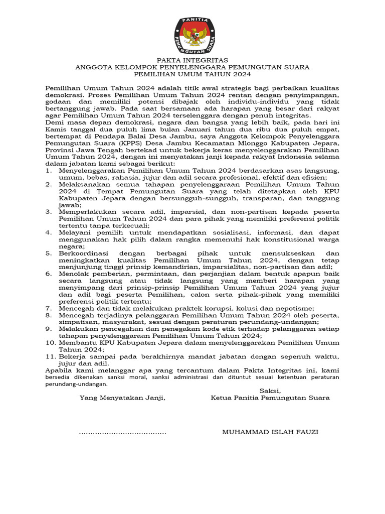Template Pakta Intergritas KPPS | PDF