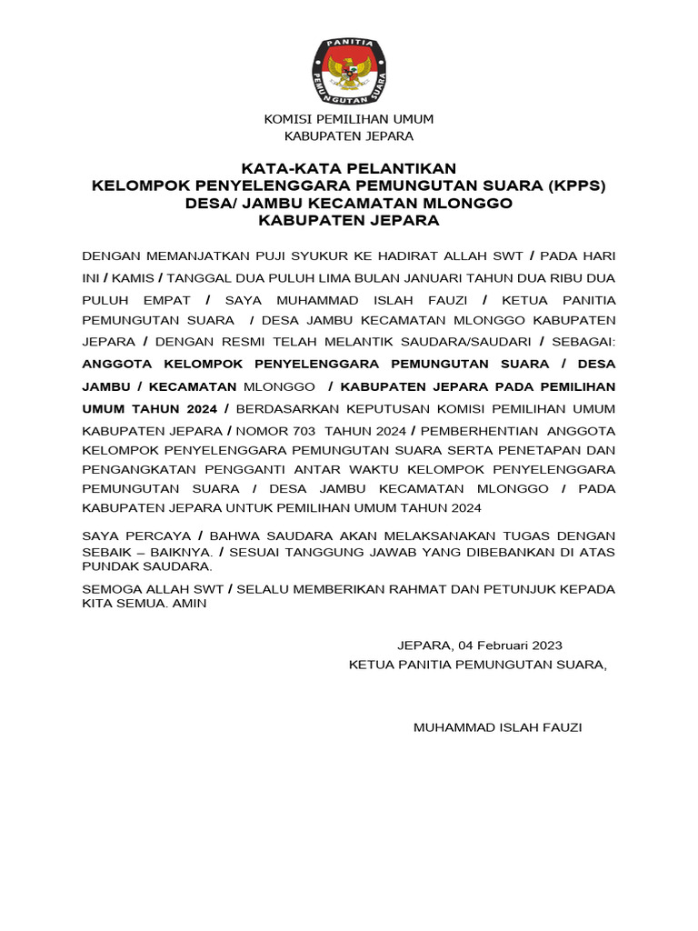 Template Kata-Kata & Naskah Pelantikan KPPS | PDF | Hukum