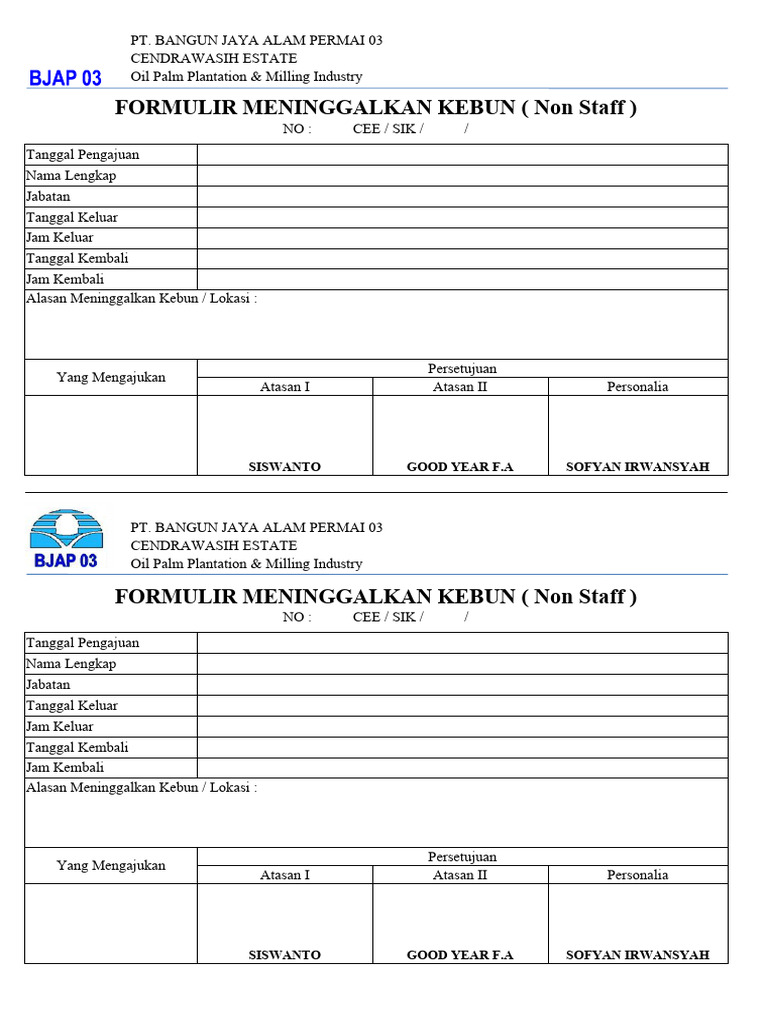 Form Izin Keluar Kebun | PDF