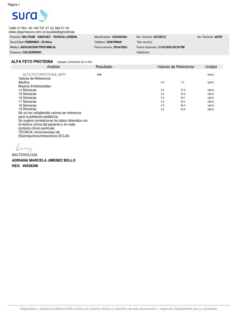 Análisis Resultado Valores de Referencia Unidad: Alfa Feto Proteina | PDF | Obstetricia | Salud ...