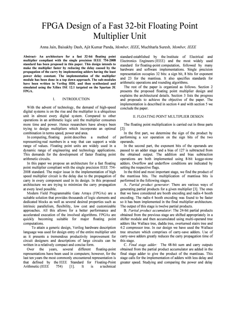 Fpga Design Of A Fast 32 Bit Floating Point Pdf Field Programmable Gate Array Computer
