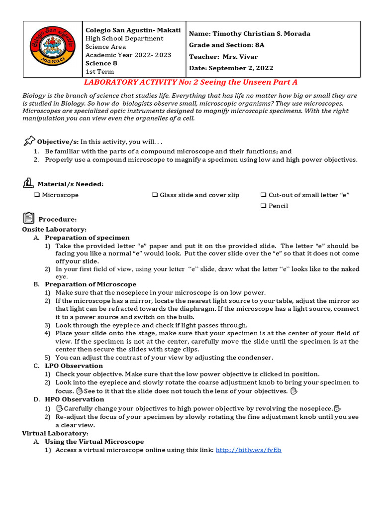 Term 1 Laboratory Activity 2 Seeing The Unseen A - Morada | PDF ...