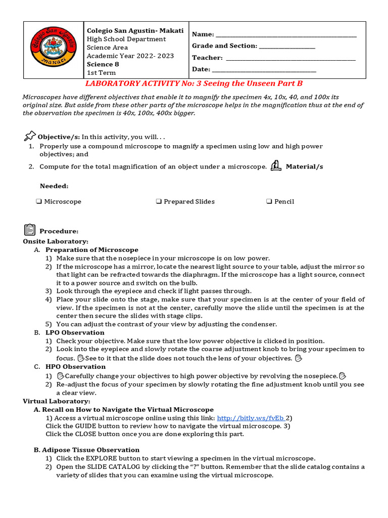 Microscope Lab Activity for Science 8 | PDF | Microscope | Equipment