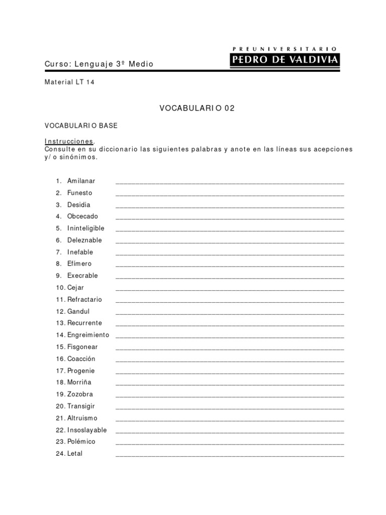 Vocabulario y Sinónimos para Lenguaje 3º Medio | PDF