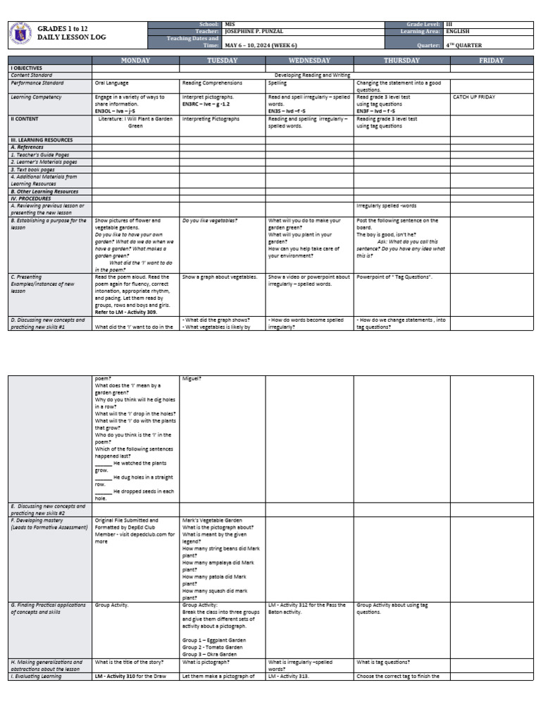 DLL - English 3 - Q4 - W6 | PDF | Learning
