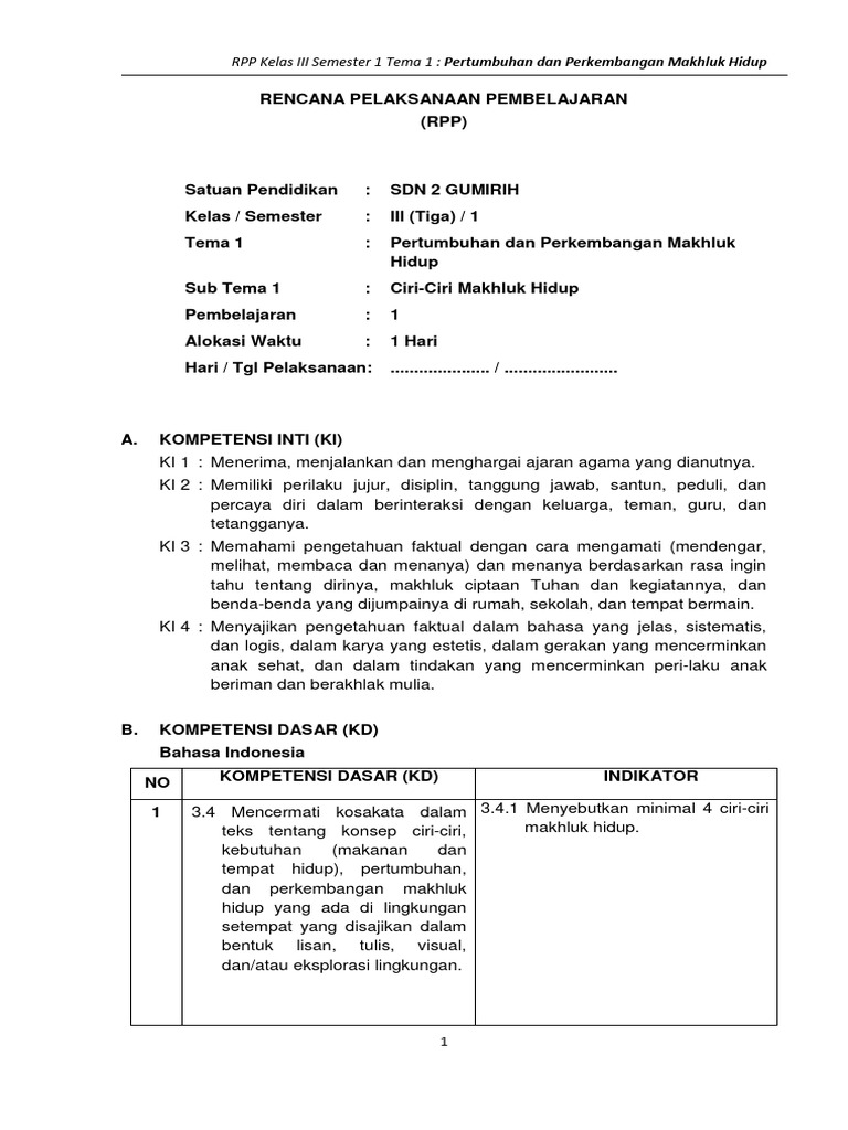 RPP Kelas 3 Tema 1 | PDF