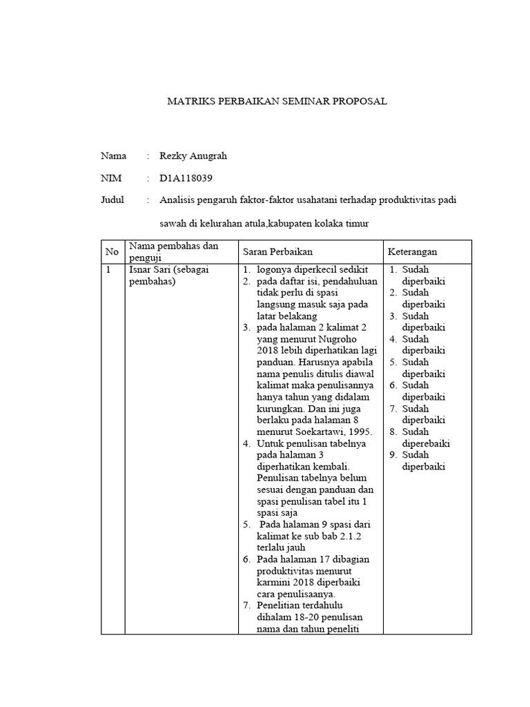 Matriks Perbaikan Seminar Proposal | PDF