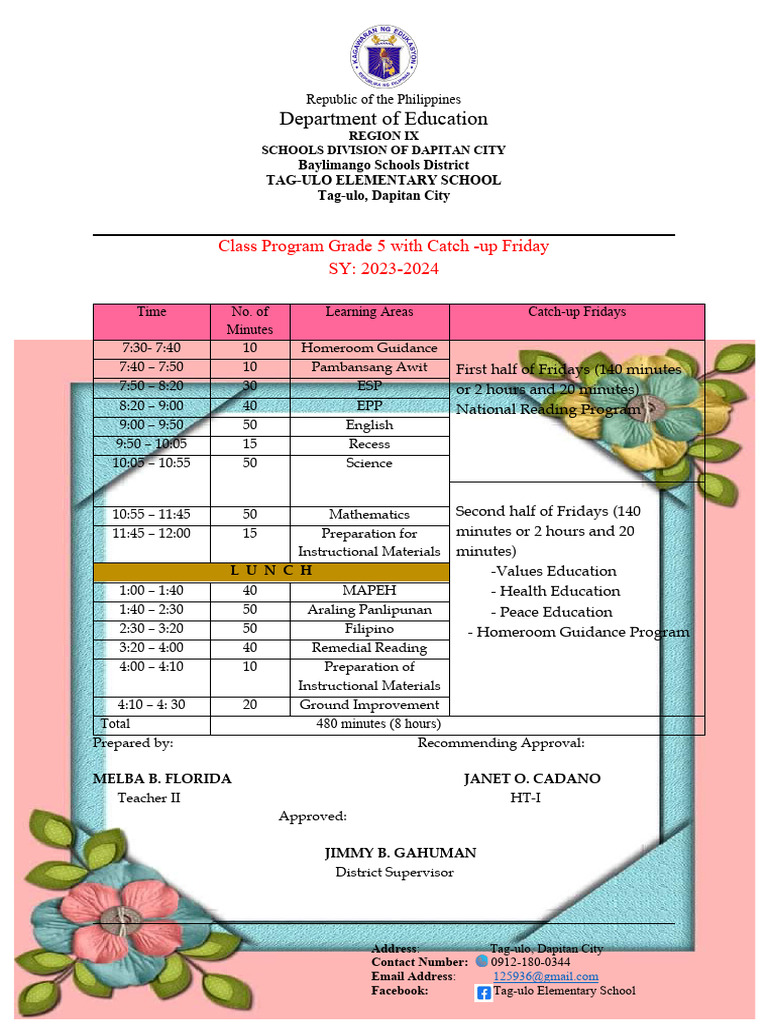Grade 5 Class Schedule 2023-2024 | PDF | Schools