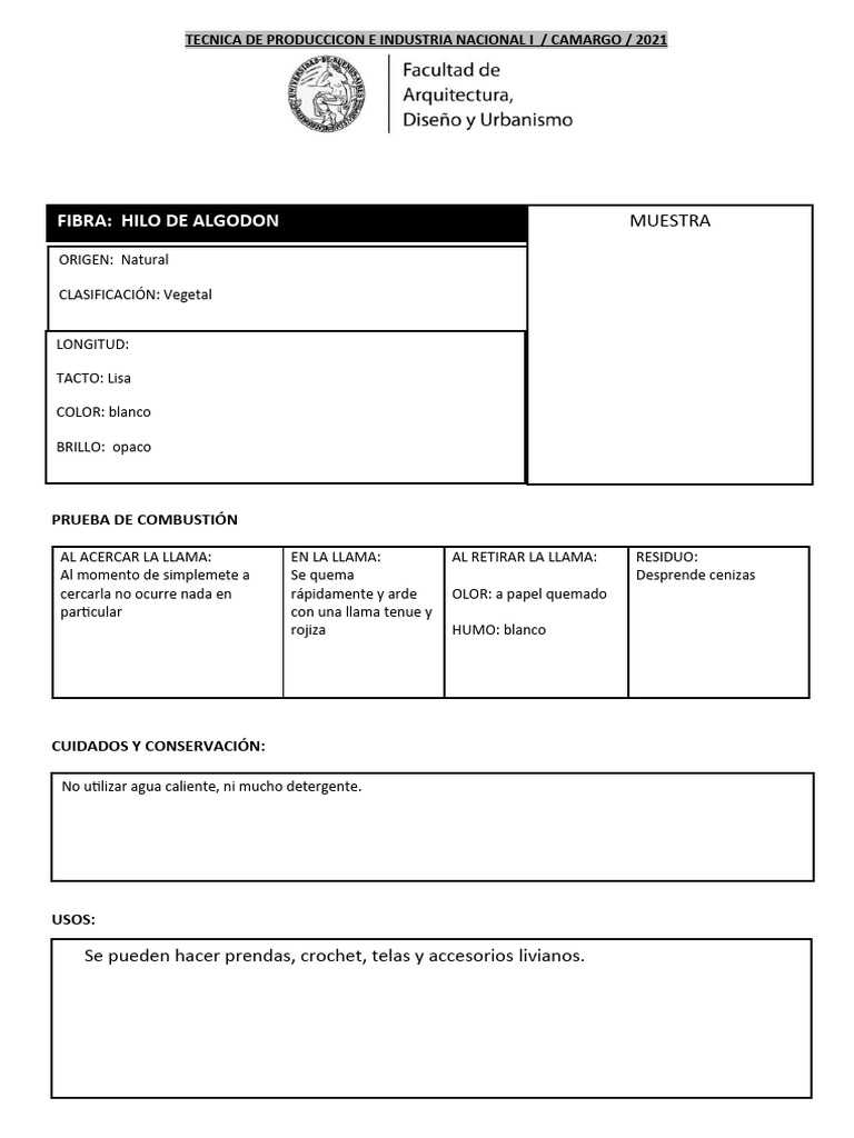 Ficha muestras tecnicas HILO DE ALGODON | PDF