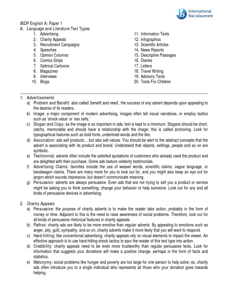 IBDP English A Paper 1 (Text Types) | PDF | Poetry | Advertising