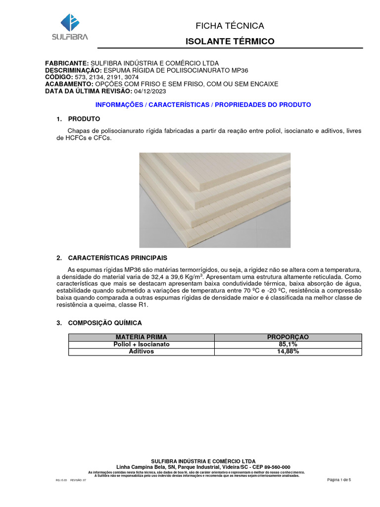 RQ.15.03 Ficha Técnica MP36 Espuma Rígida | PDF | Poliuretano | Isolamento térmico