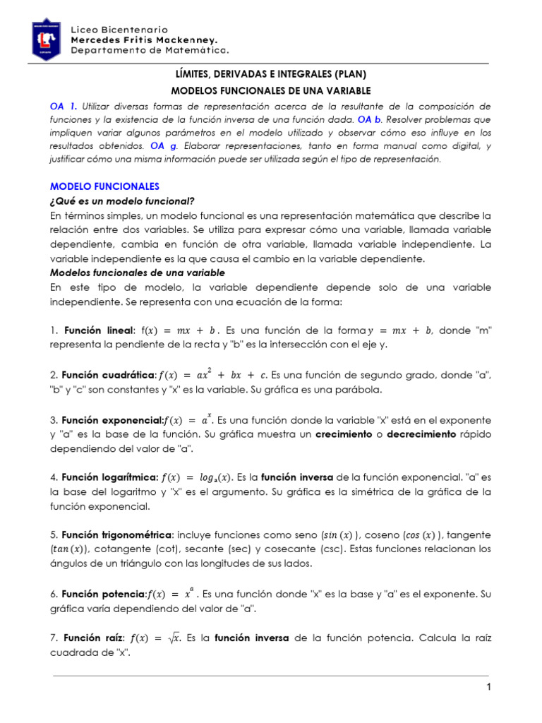 LIMITES DERIVADAS E INTEGRALES GUIA Modelos Funcionales 2024 | PDF ...