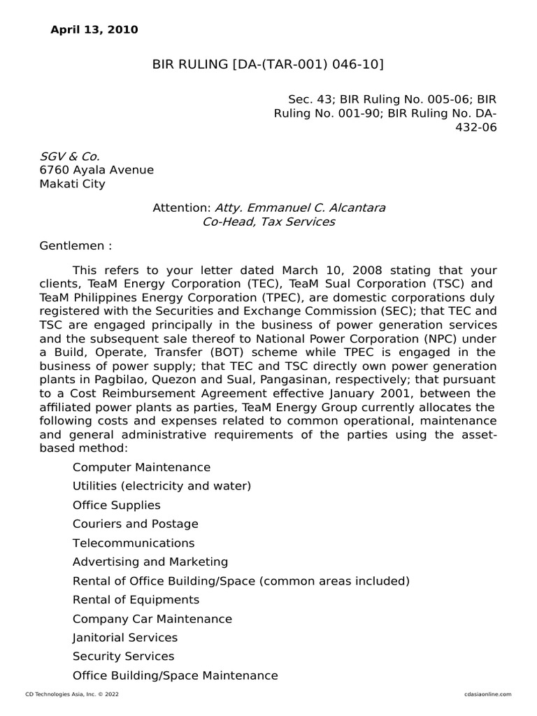 Bir Ruling (Da - (Tar-001) 046-10) | PDF | Taxes | Expense