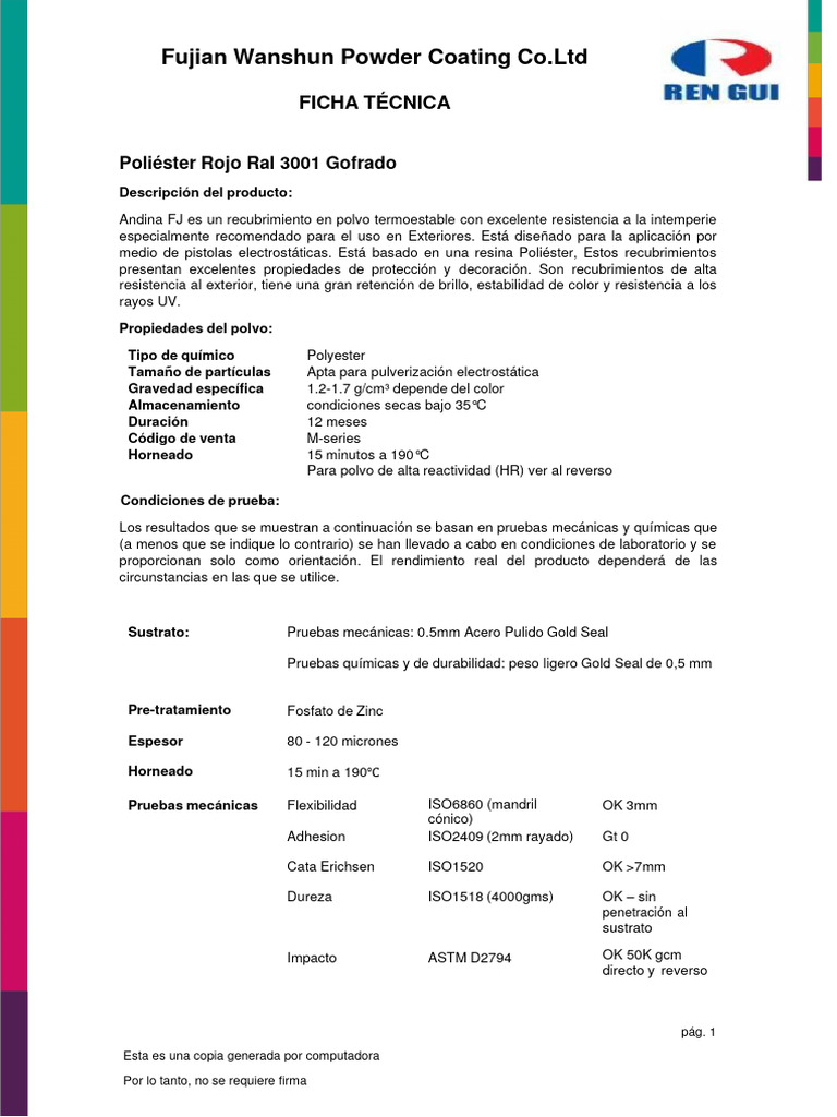 Poliéster Rojo RAL 3001 para Recubrimiento | PDF | Revestimiento ...