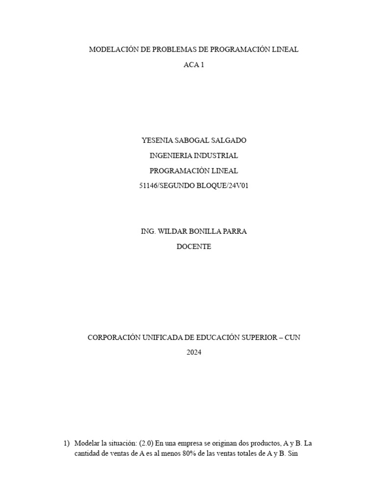 Aca 1 - Modelación de Problemas de Programación Lineal | PDF | Programación lineal | Economias