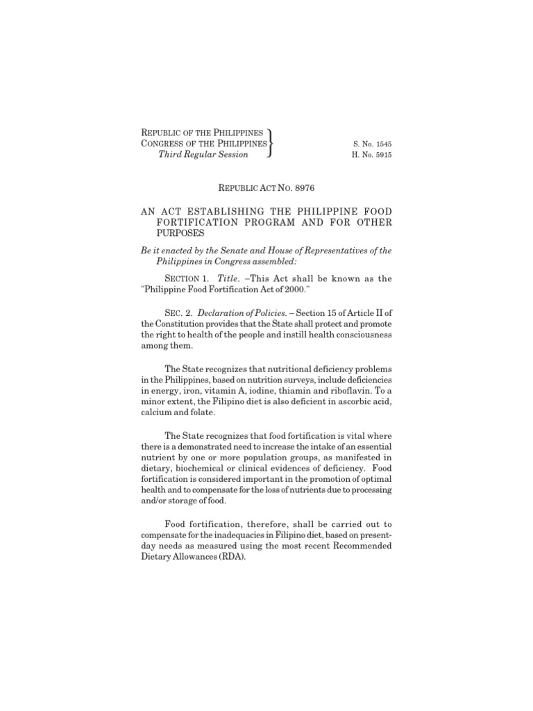 RA 8976 - Philippine Food Fortification Act of 2000 | PDF | Nutrients ...