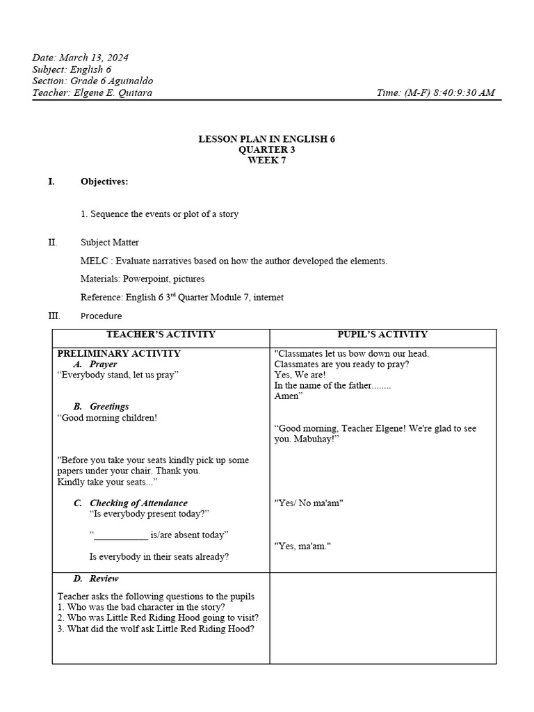 Lesson Plan in Elements of The Story | PDF | Language Arts & Discipline ...