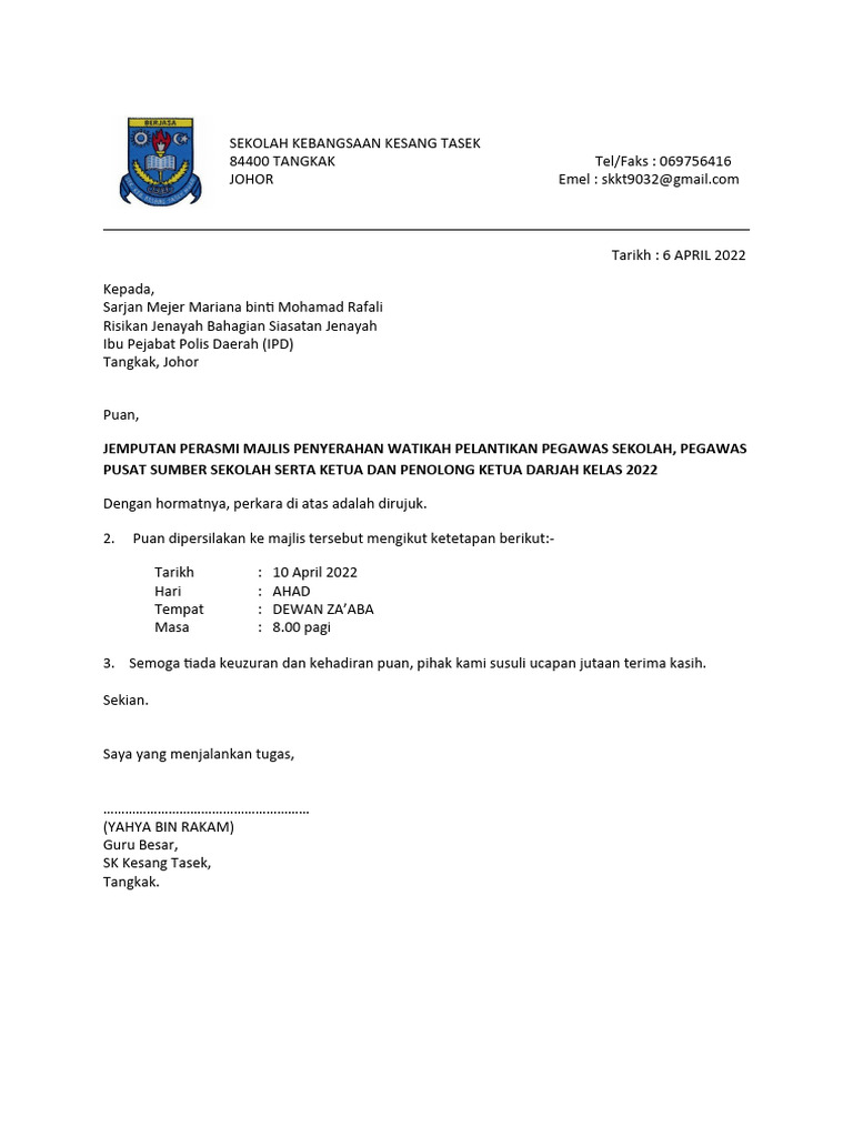 Surat Perasmi Pegawas Sekolah | PDF