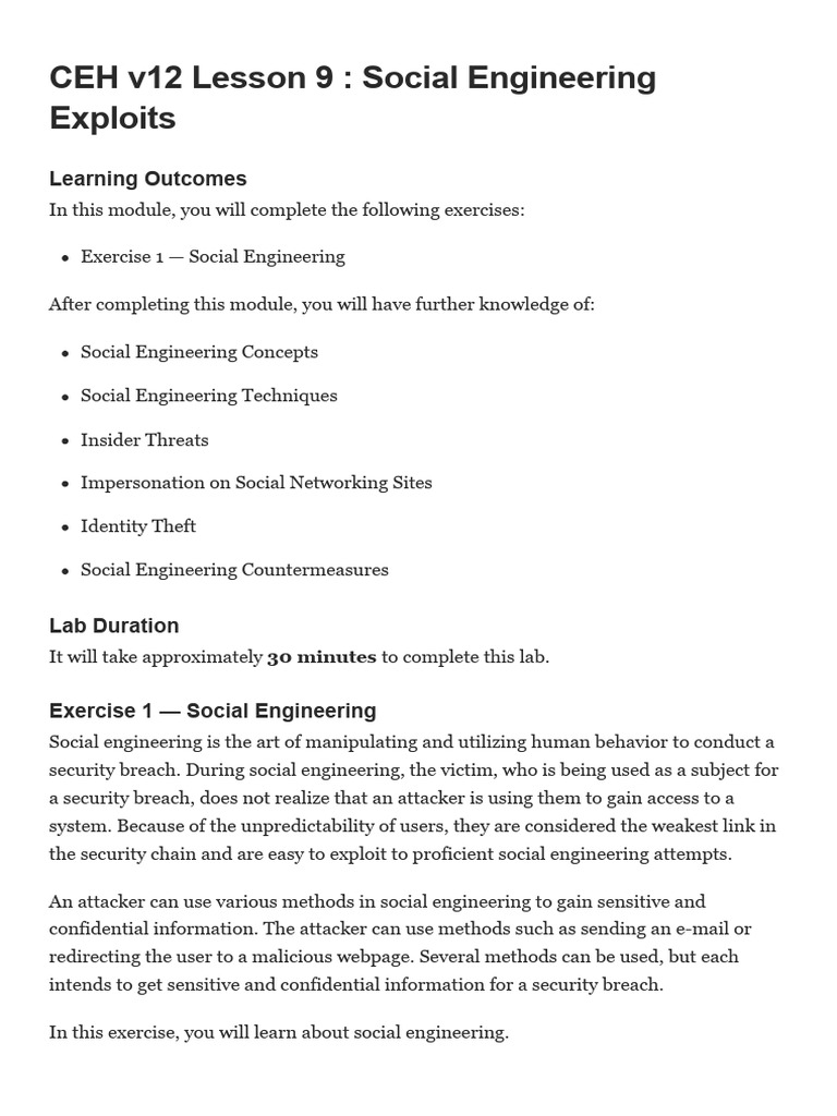 CEH v12 Lesson 9 - Social Engineering Exploits | PDF | Computer Security | Security