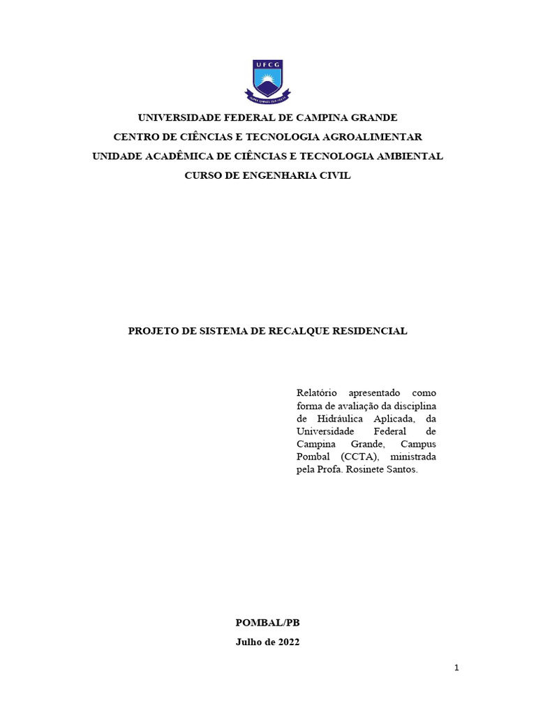 Projeto de Sistema de Recalque Residencial | PDF
