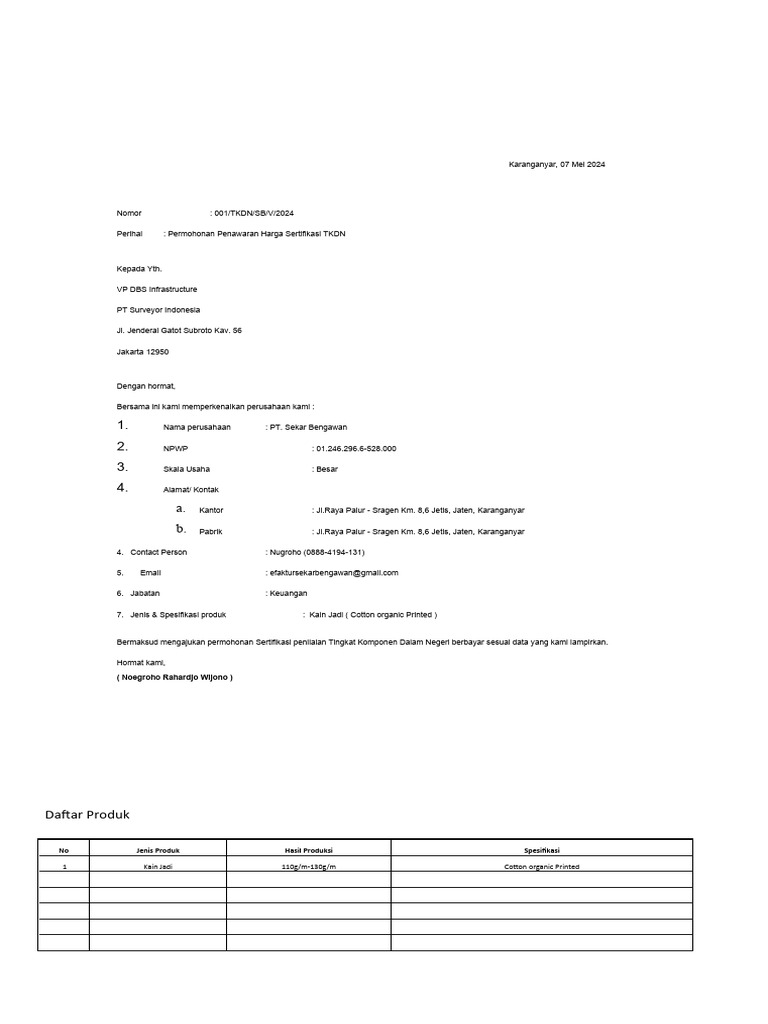 Surat Permohonan TKDN Retail 2024 | PDF | Pengelolaan Keuangan & Uang