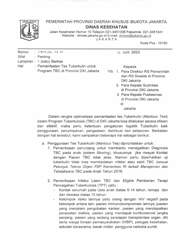 Pemberitahuan Pemanfaatan Tes Tuberkulin Untuk Program TBC | PDF