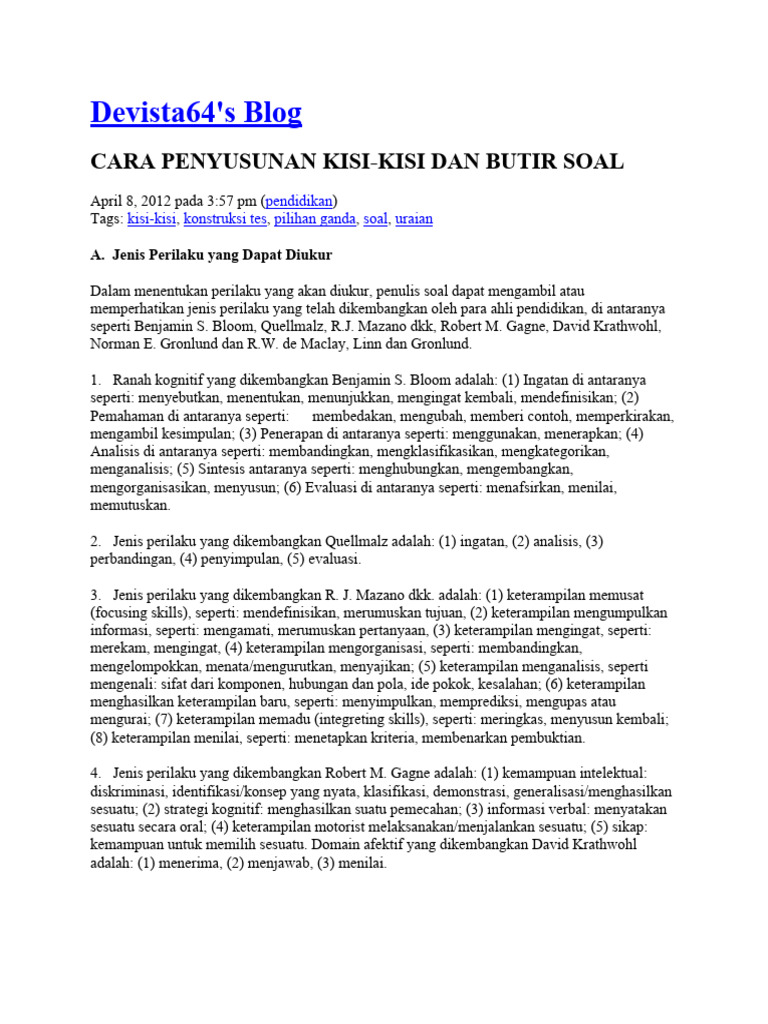 Cara Menyusun Kisi Kisi Dan Butir Soal | PDF