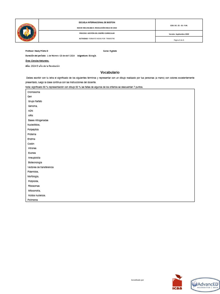 Actividad de Vocabulario en Biología 9° | PDF