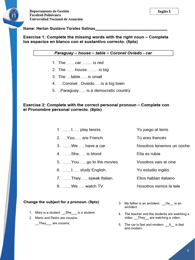 Exercise 1: Complete The Missing Words With The Right Noun - Completa Los Espacios en Blanco Con ...