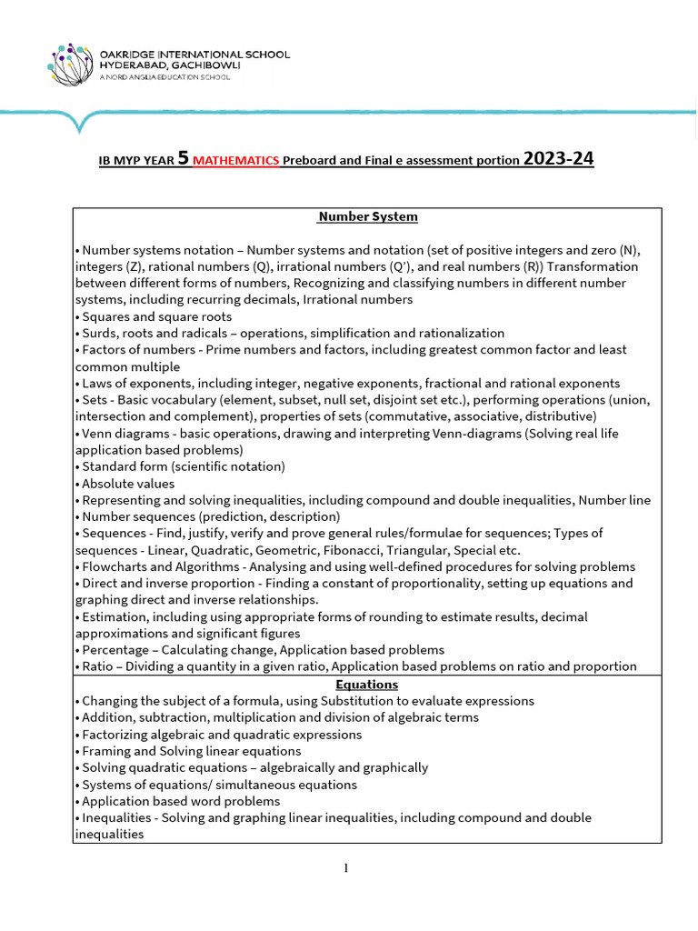 MYP Year 5 Math Preboard Assessment Guide | PDF | Area | Numbers