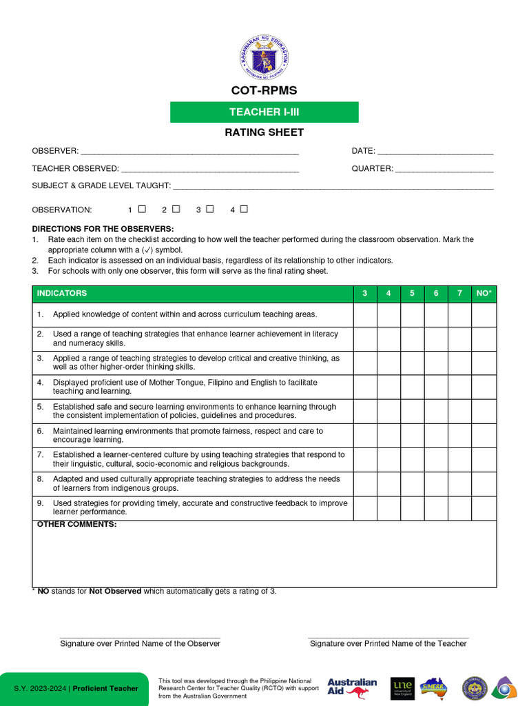 Teacher Observation Rating Sheet 2023 | PDF | Teachers | Learning