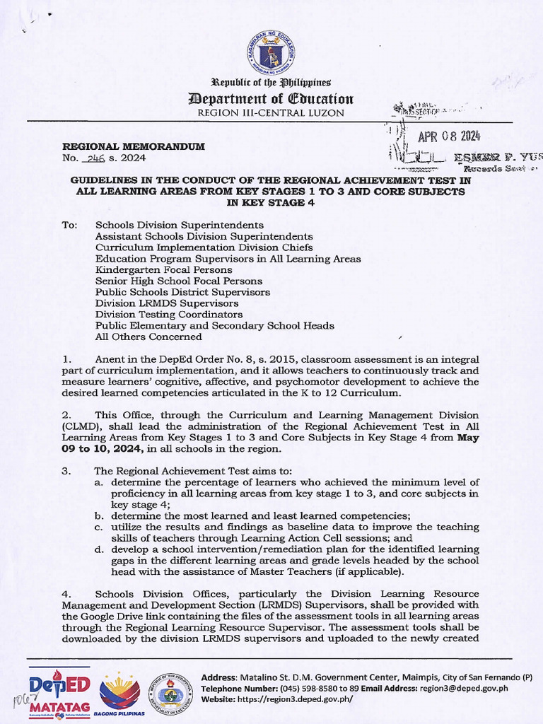 RM No. 246S.2024 Guidelines in The Conduct of The Regional Achievement ...