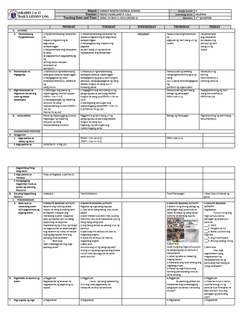 Grade 5 DLL FILIPINO 5 Q4 Week 5 | PDF