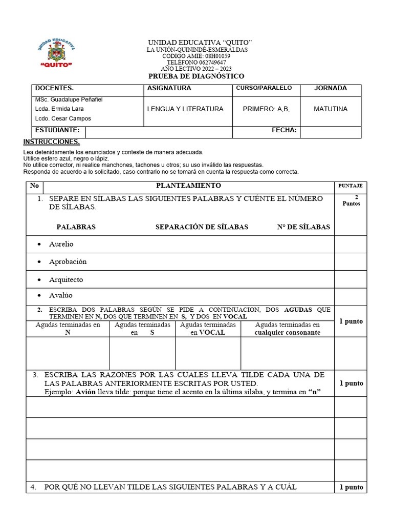 Prueba de Diagnostico 2022-2023 SIN RESOLVER | PDF | Fonética | Estrés (lingüística)