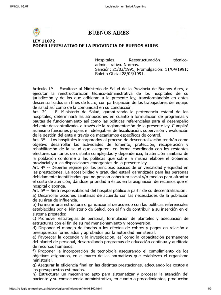 BS As Ley 11072 | PDF | Hospital | Presupuesto