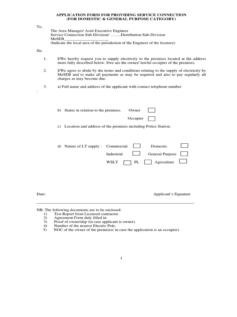 Electricity Service Connection Application Form | PDF