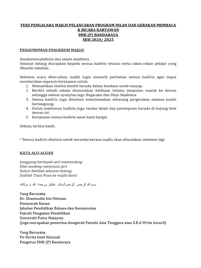 Teks Pengacara Majlis Pelancaran Nilam 2024 | PDF