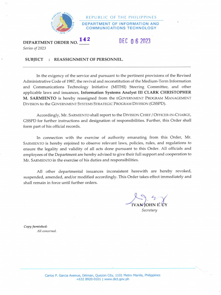 Department Order No. 142 S. 2023 | PDF
