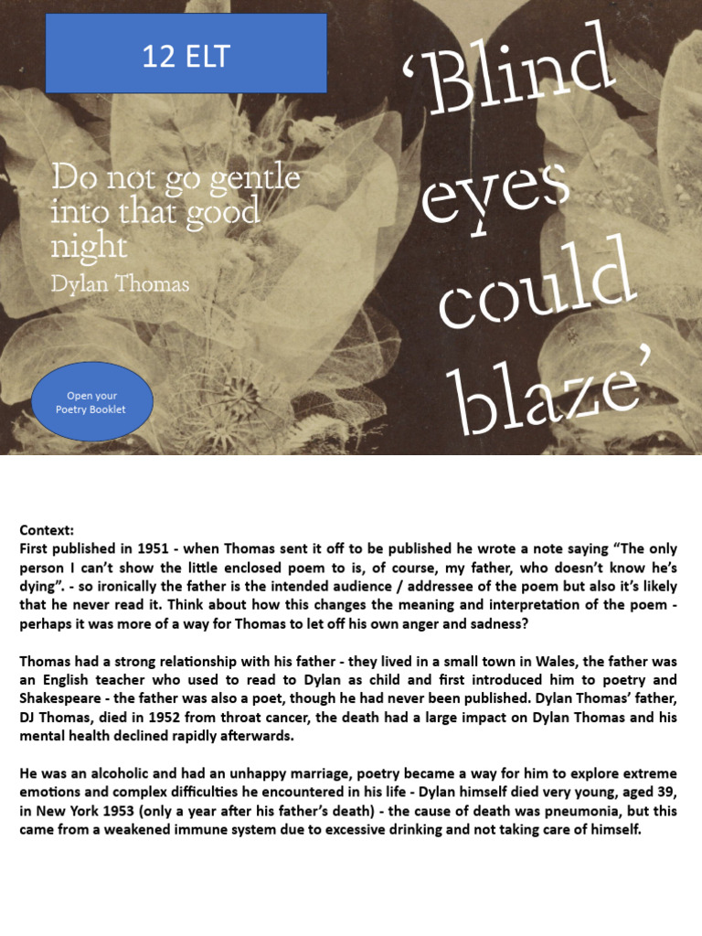 Dylan Thomas: "Do Not Go Gentle" Analysis | PDF