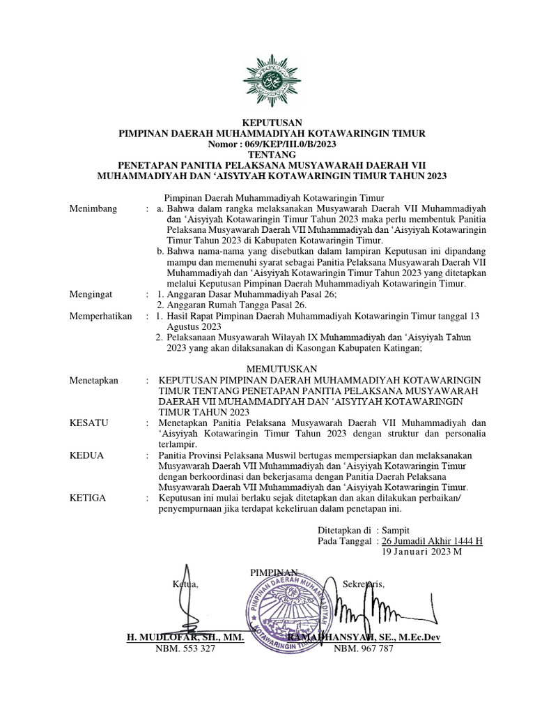 Panitia Musda VII Muhammadiyah Kotim 2023 | PDF