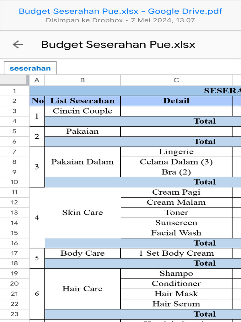 Budget Seserahan Pue.xlsx - Google Drive | PDF